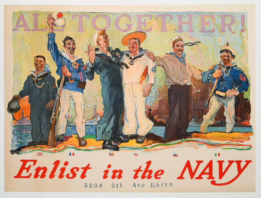 Original Vintage All Together Enlist in the Navy Wartime Poster